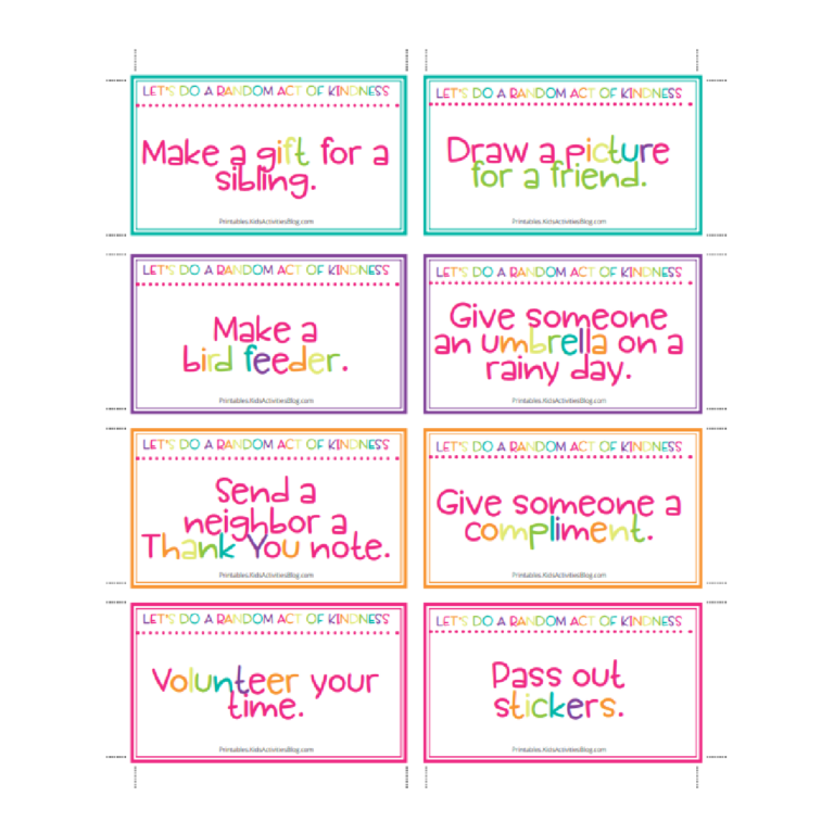 Random Acts of Kindness Cards for Kids: 40 Free Printable Cards ...