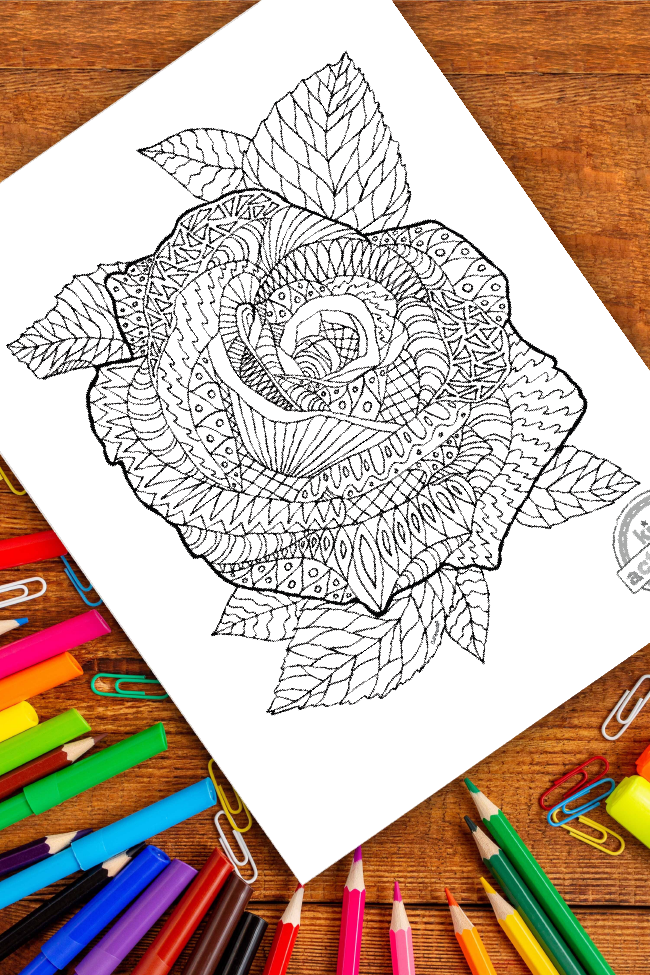 Free Zentangle Flower Pattern: Rose Printable Coloring Page