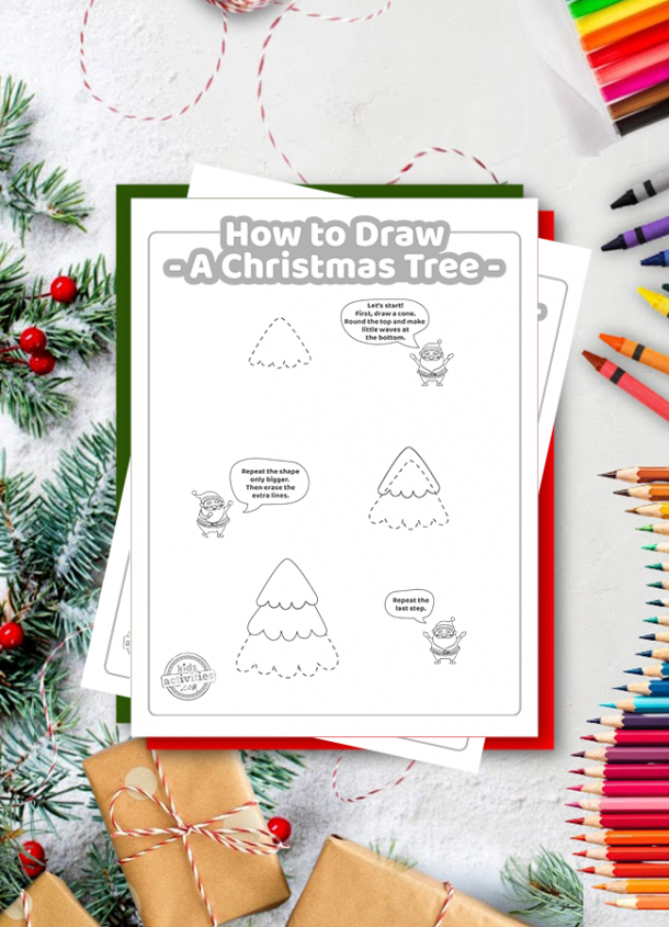 How To Draw A Christmas Tree Easy Printable Lesson For Kids | Kids ...