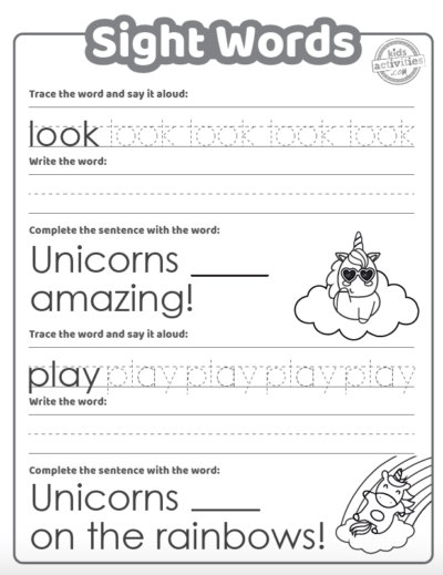 Free Sight Words Worksheets with a Cute Unicorn Theme | Kids Activities ...