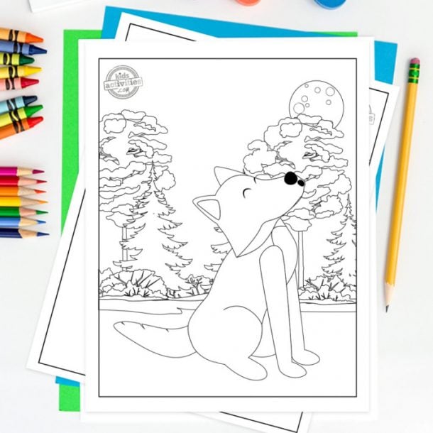 Cute Wolf Howling at Moon Coloring Pages for Kids | Kids Activities Blog