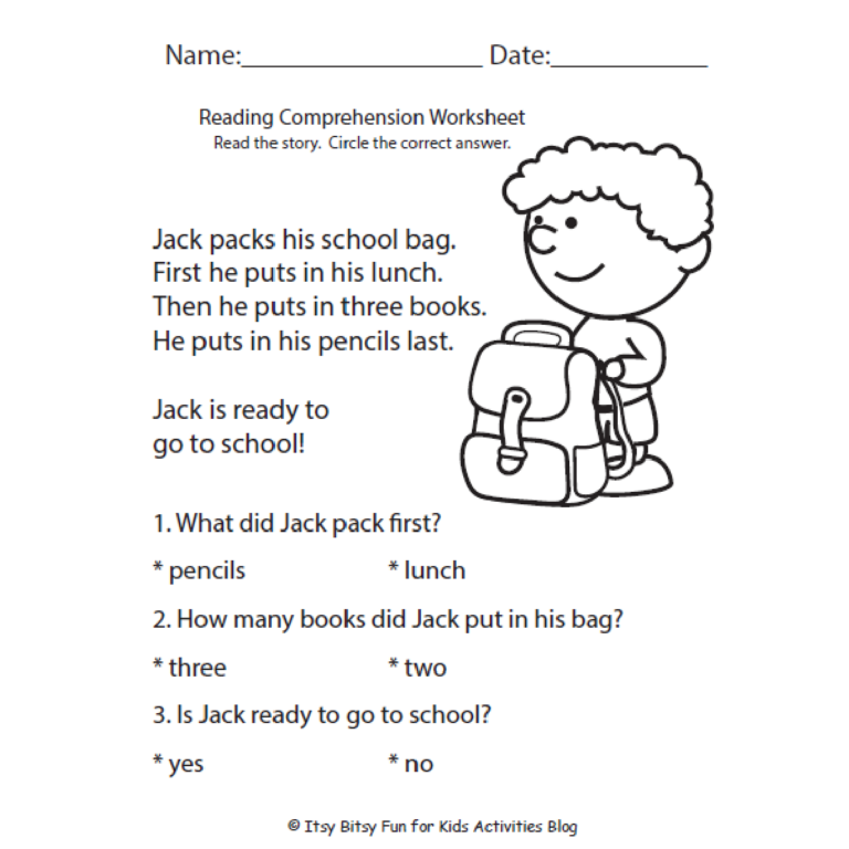 Free Reading Comprehension Worksheets for Back to School - Kindergarten ...