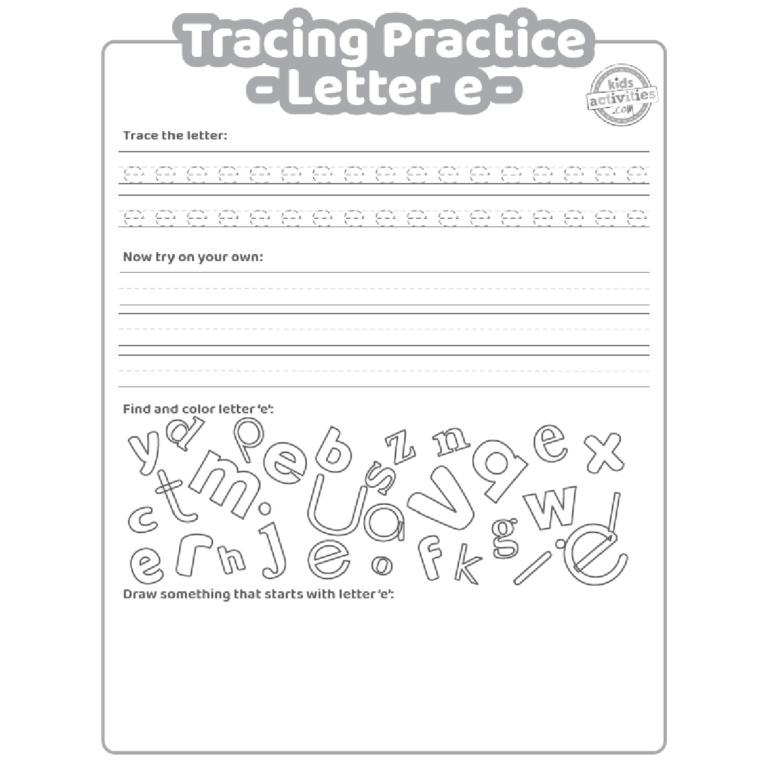 Free Letter E Practice Worksheet: Trace it, Write it, Find it & Draw ...