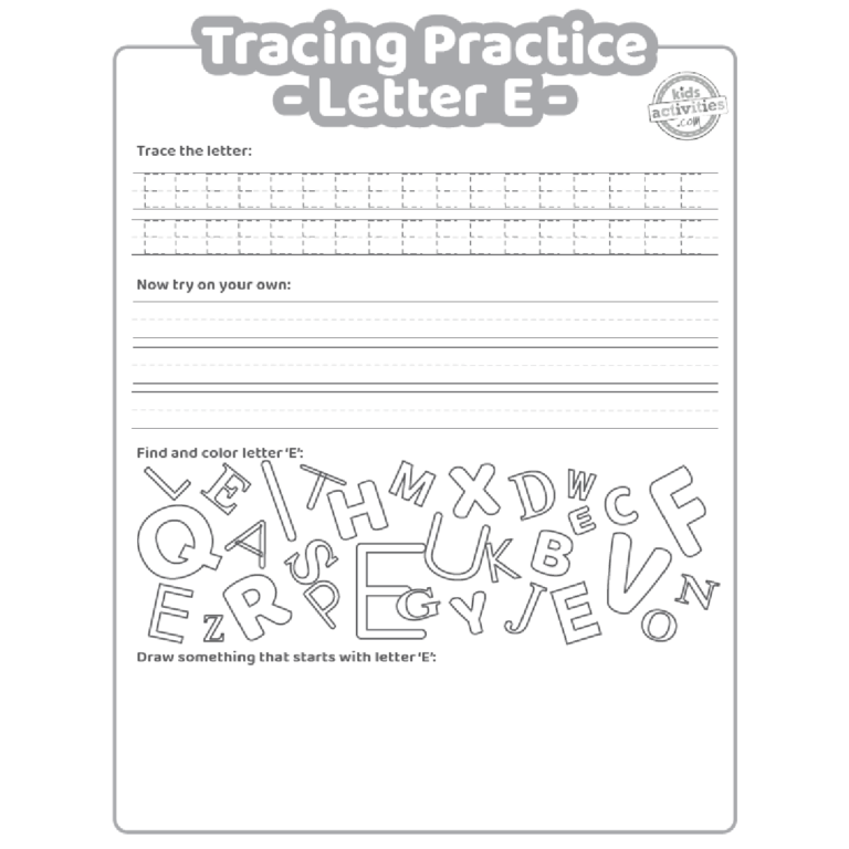 Free Letter E Practice Worksheet: Trace it, Write it, Find it & Draw ...