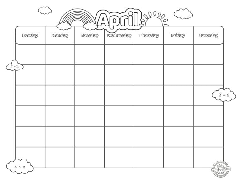 Free B&W and Full Color Free Printable April Calendar | Kids Activities ...
