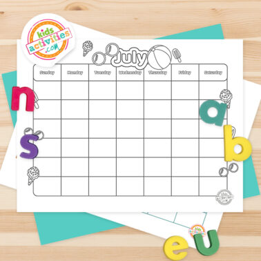 Free B&W and Full Color Free Printable July Calendar | Kids Activities Blog
