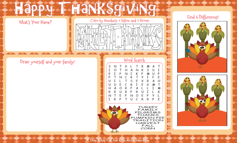 Free Printable Thanksgiving Placemat Activity Sheets for Kids | Kids ...
