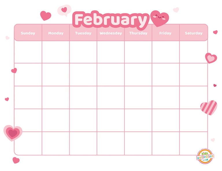 B&W and Full Color Free Printable February Calendar | Kids Activities Blog