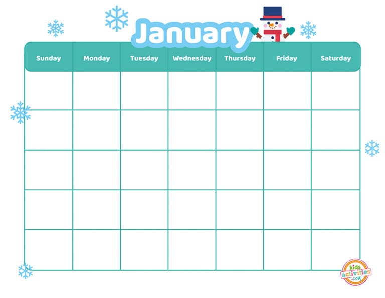 Free B&W and Full Color Free Printable January Calendar | Kids ...