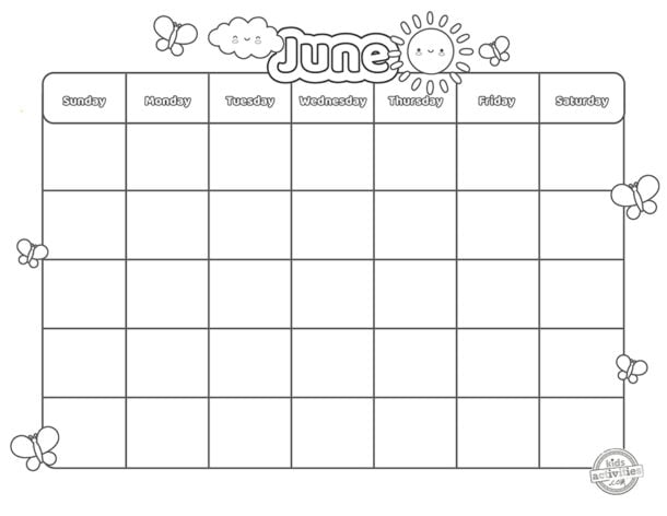 Free B&W and Full Color Free Printable June Calendar | Kids Activities Blog