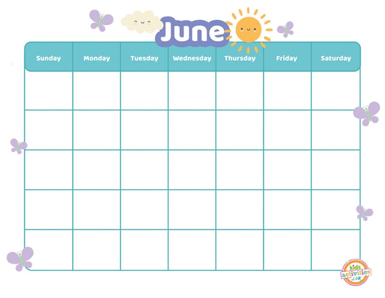 Free B&W and Full Color Free Printable June Calendar | Kids Activities Blog